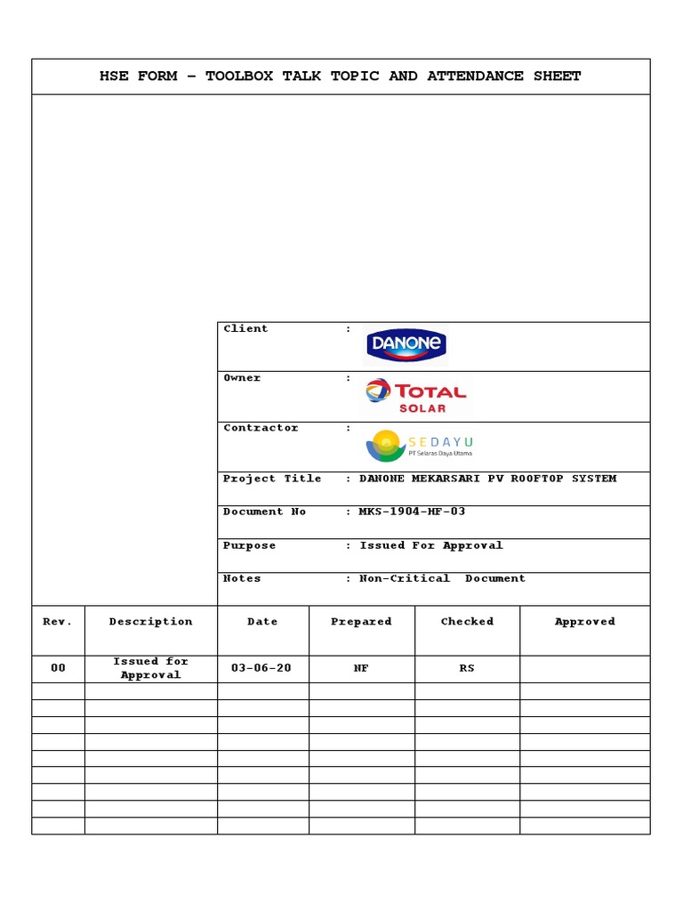 MKS-1904-HF-03 - Toolbox Talk Topic and Attendance Sheet | PDF