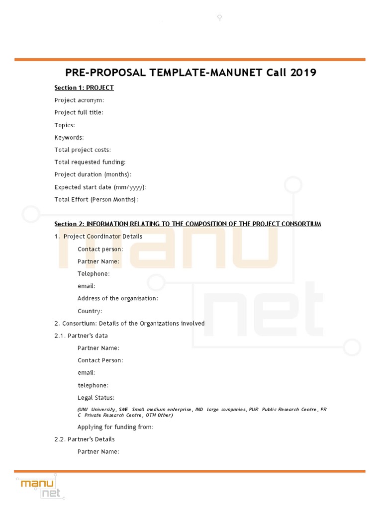 Pre-Proposal Template-Manunet Call 2019: Section 1: PROJECT | PDF