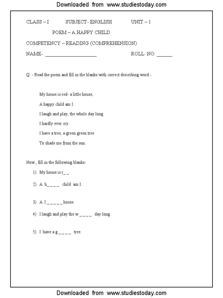 CBSE Class 1 English Worksheets (16) - A Happy Child PDF | PDF