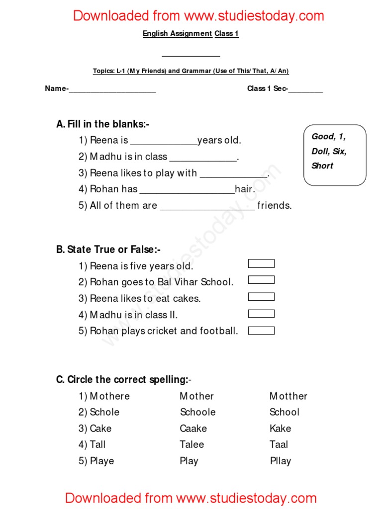 CBSE Class 1 English Assignments (1) - My Friends and Grammer PDF | PDF