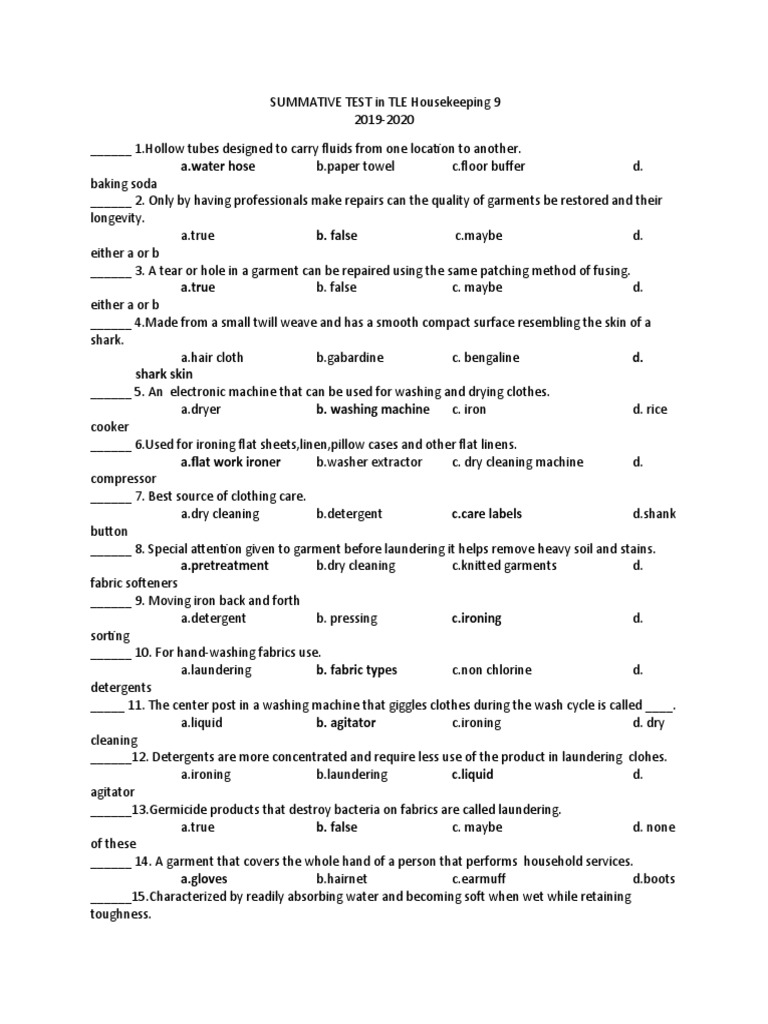 Housekeeping Test Questions for Grade 9 | PDF