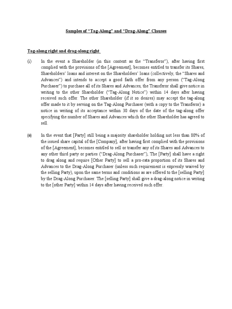 Samples of Drag Along and Tag Along Clauses | PDF