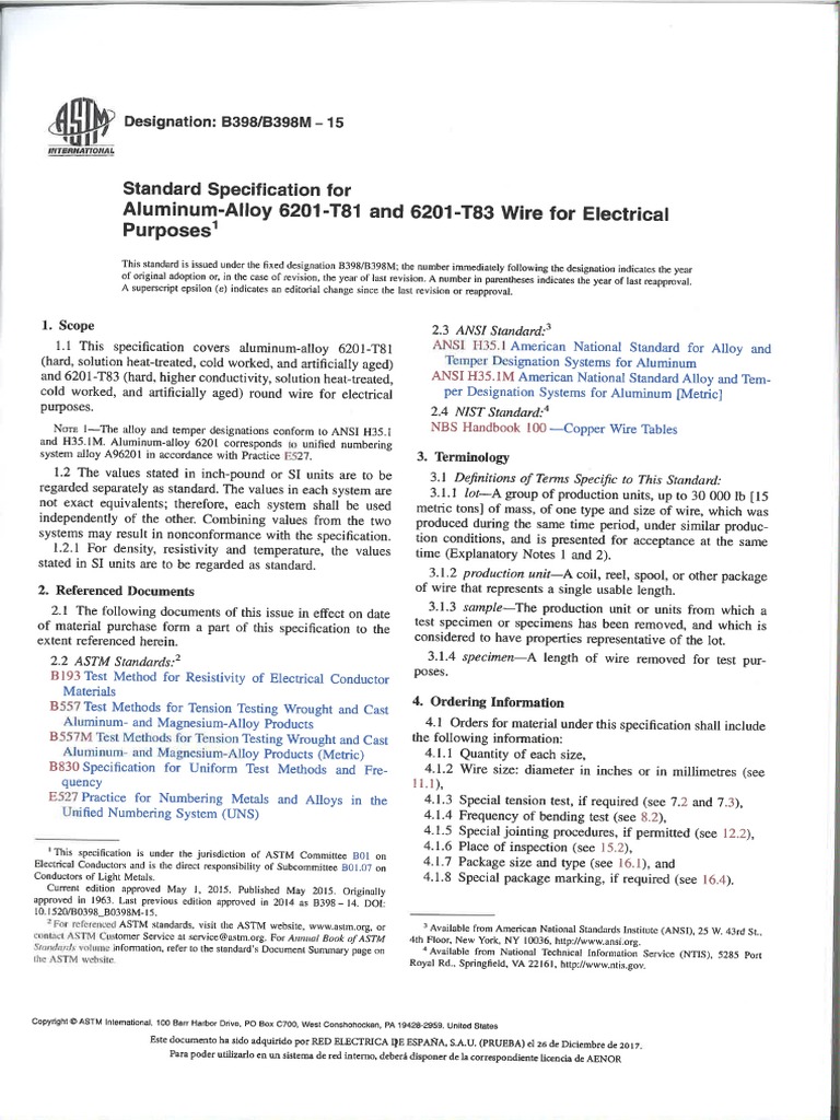 ASTM B398-B398M-15 Standard Specification For Aluminum-Alloy 6201-T81 ...