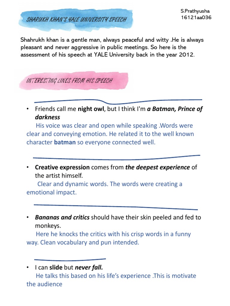 Sharukh Khan'S Yale University Speech | PDF