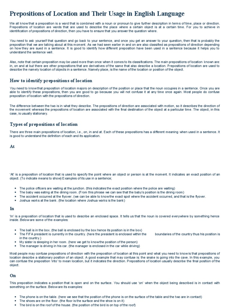 Prepositions of Location and Their Usage in English Language | PDF ...