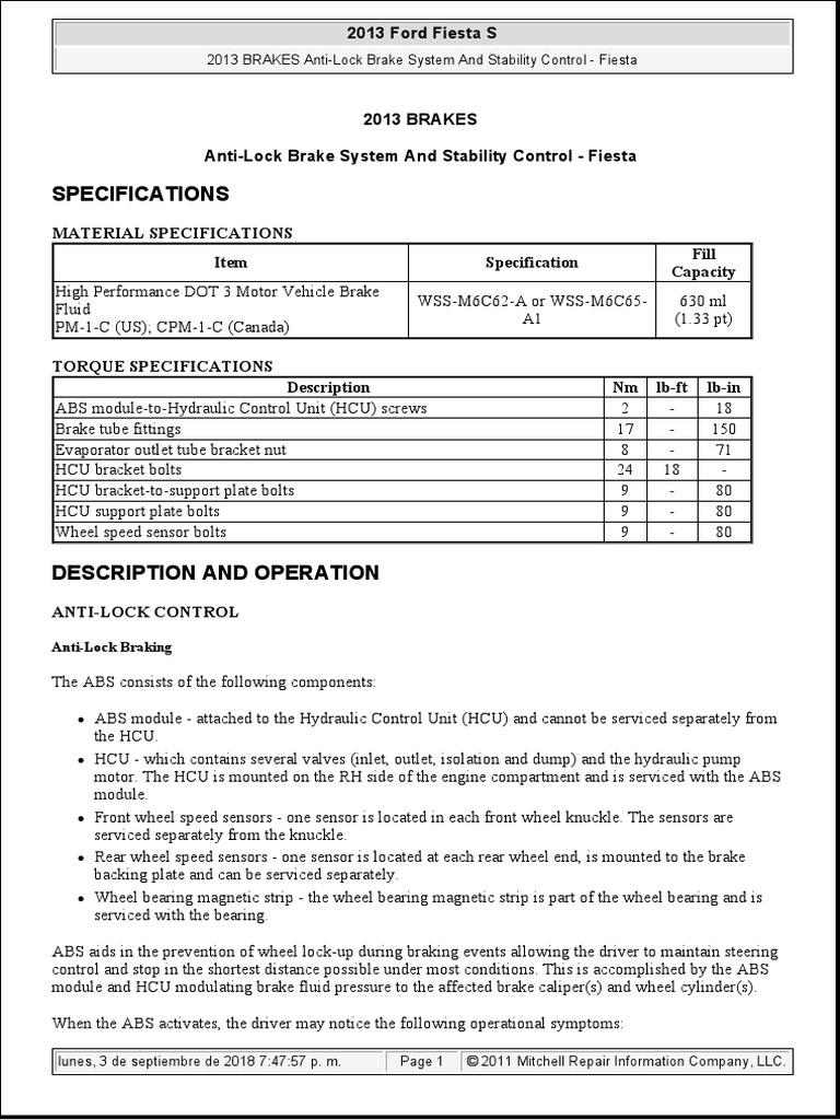 2013 BRAKES Anti Lock Brake System and Stability Control Fiesta PDF | PDF