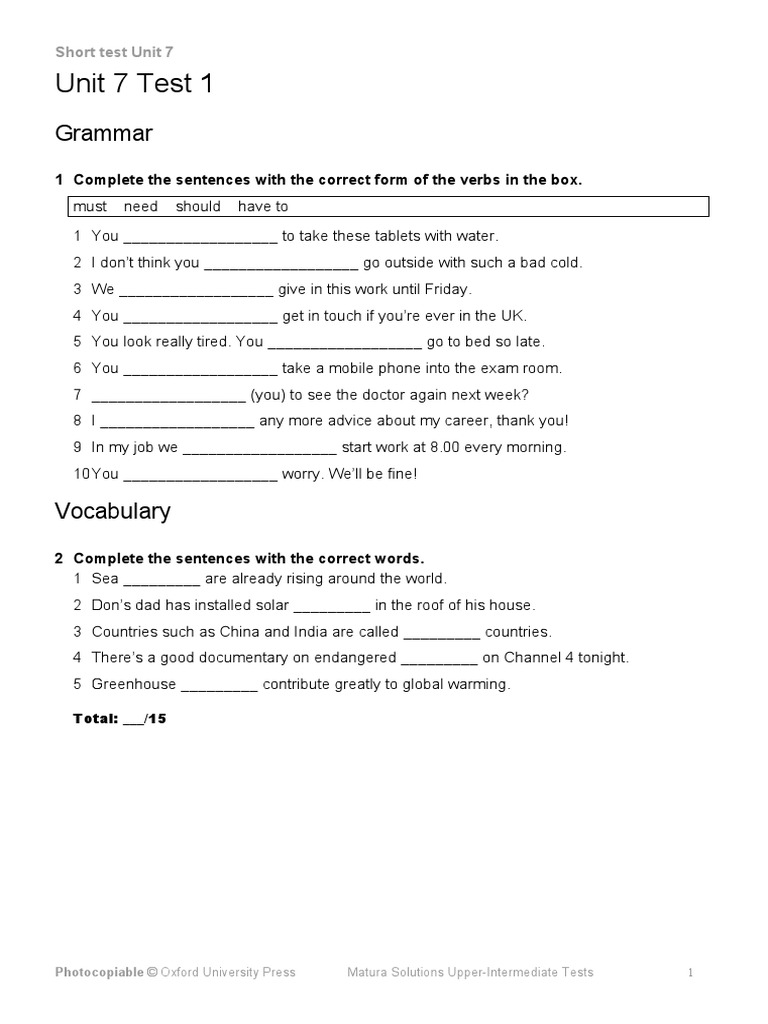 Sol Upper Int Tests Short Tests Unit 7 | PDF | Self-Improvement