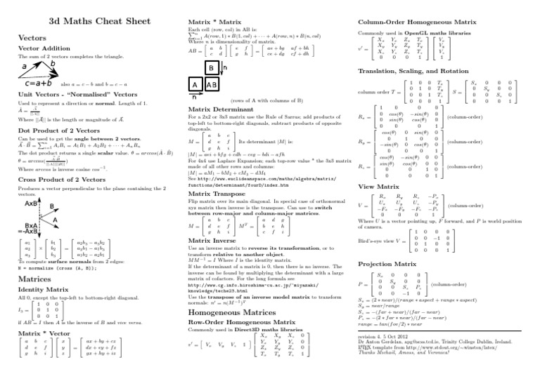 3d Maths Cheat Sheet: Vectors | PDF