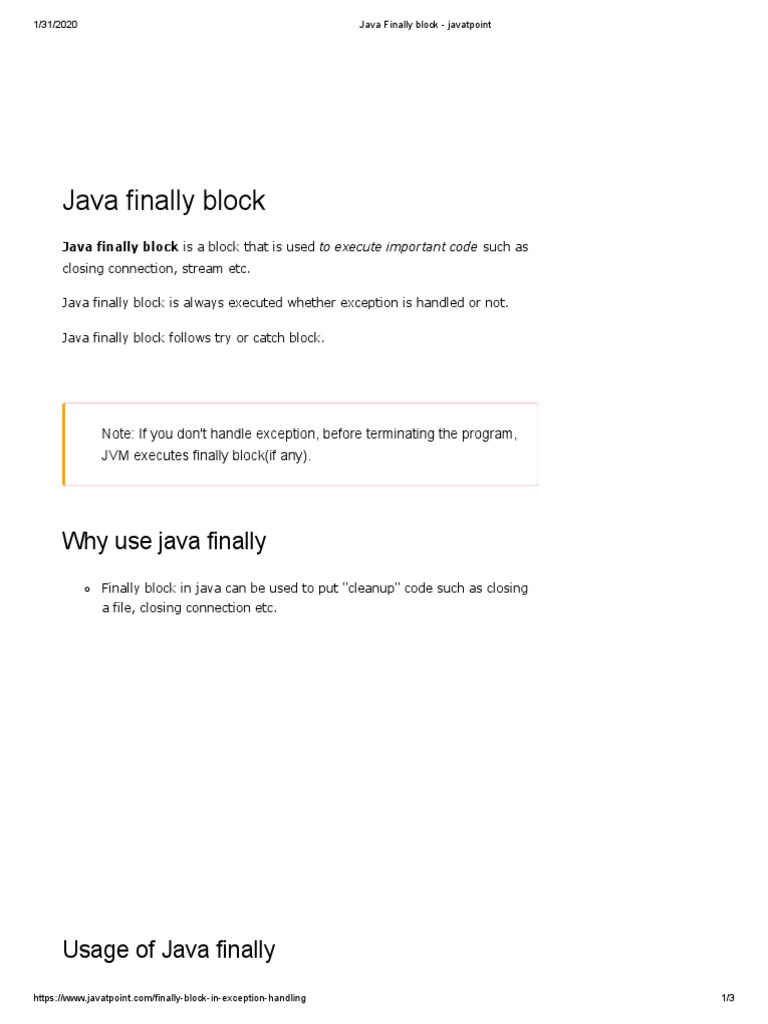 Java Finally Block | PDF | Java (Programming Language) | Concurrent Computing