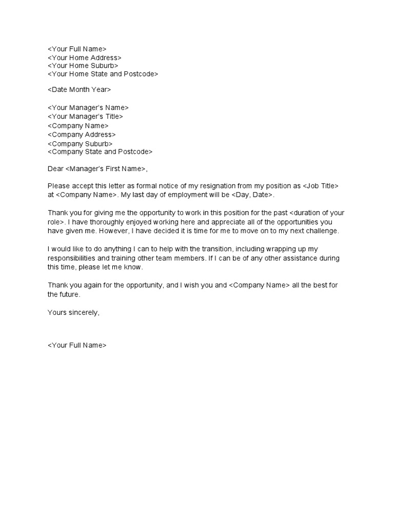 Resignation Letter Template 1 Month Notice