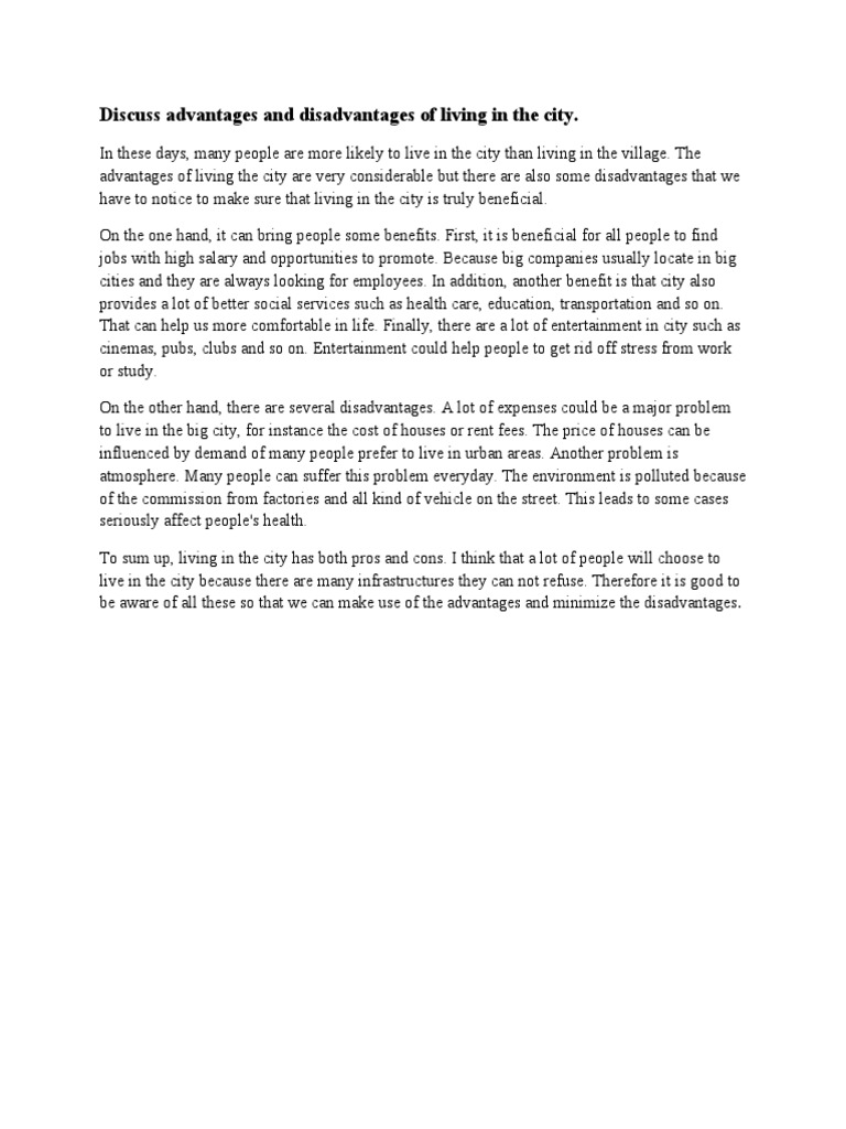 Discuss Advantages and Disadvantages of Living in The City | PDF ...