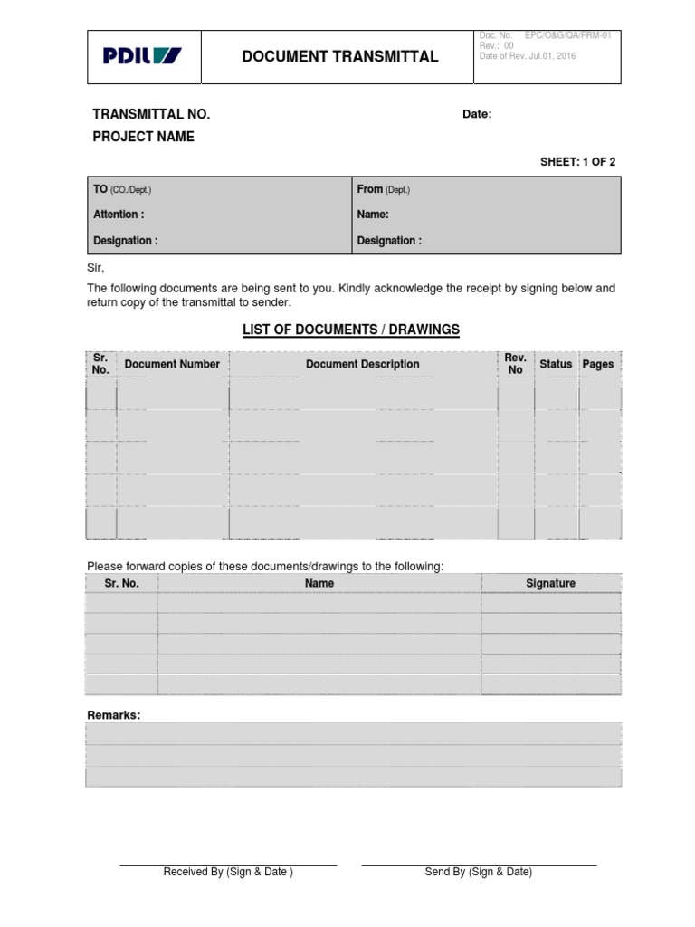 Document Transmittal Form Template | PDF | Technology & Engineering