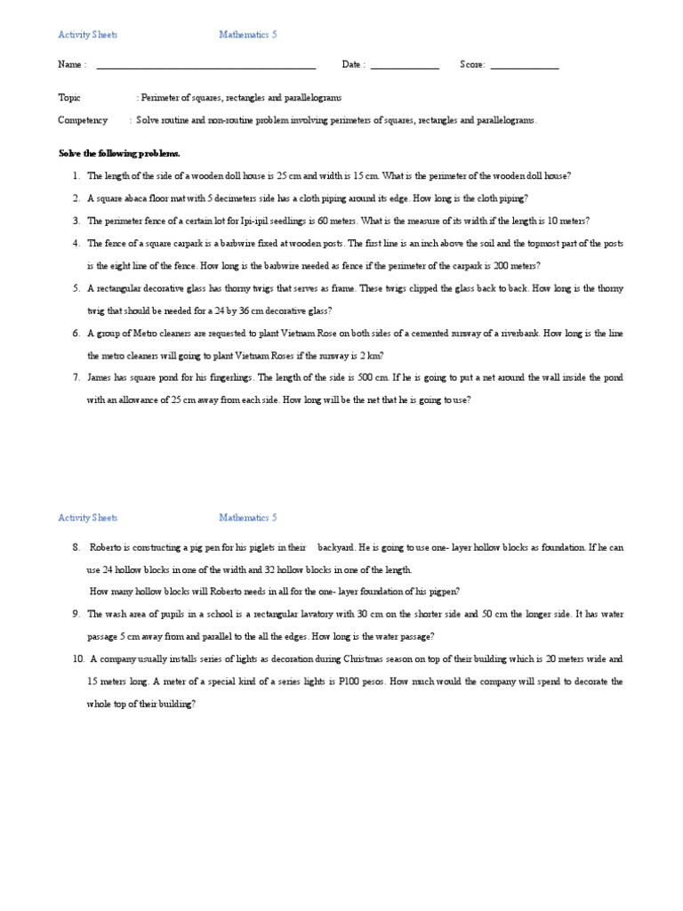 Perimeter Problems for Grade 5 Math | PDF