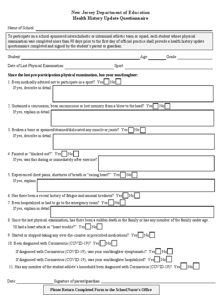 Updated Health History Questionnaire | PDF