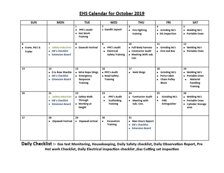 October 2019 Environmental, Health, and Safety (EHS) Training Calendar ...