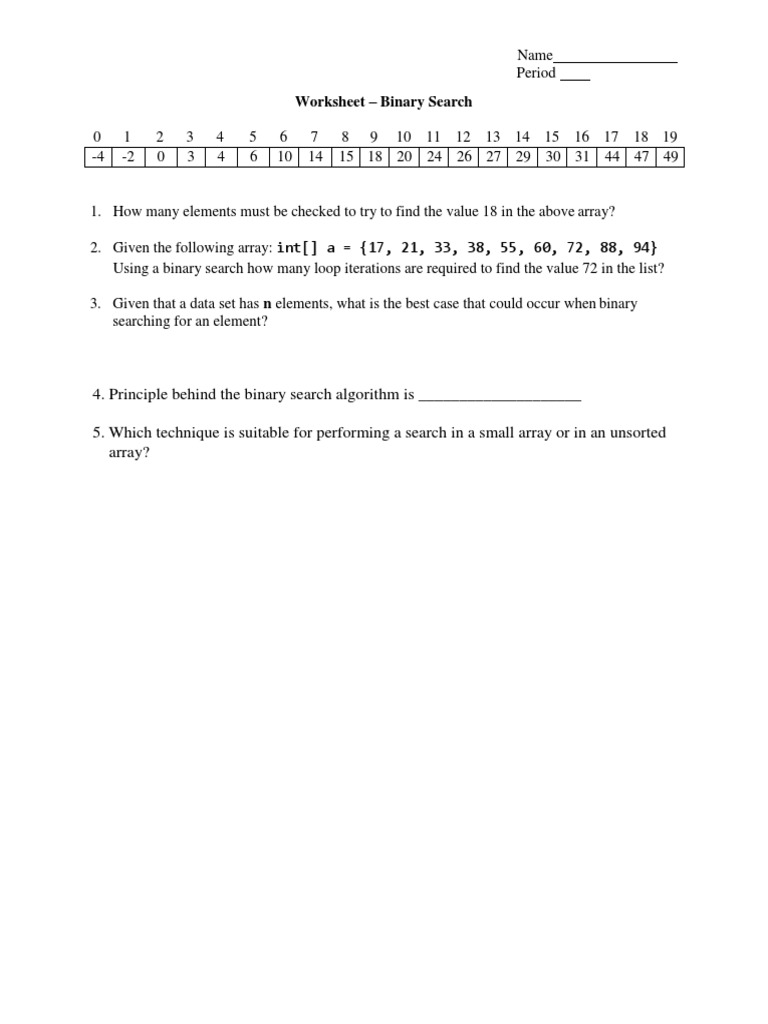 Worksheet - Binary Search-A1 PDF | PDF