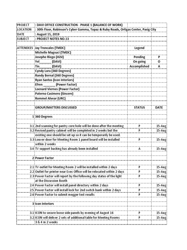 Davi Office Construction - Project Notes No.13 (Balance of Work) | PDF