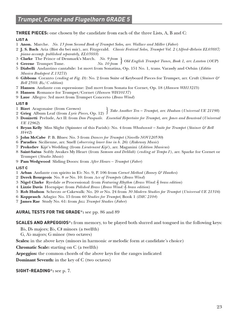 Grade 5 Trumpet Exam Pieces and Requirements | PDF