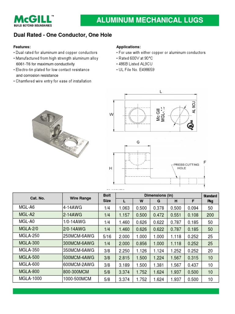 Aluminum Mechanical Lugs: Dual Rated - One Conductor, One Hole | PDF