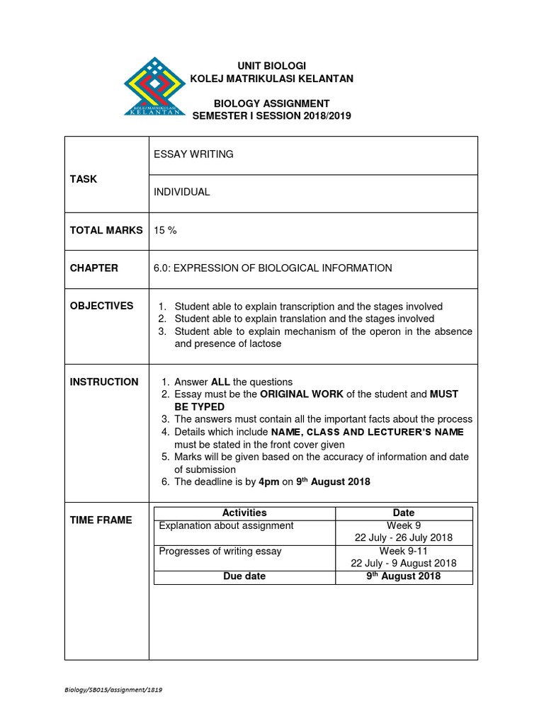 Unit Biologi Kolej Matrikulasi Kelantan Biology Assignment Semester I ...