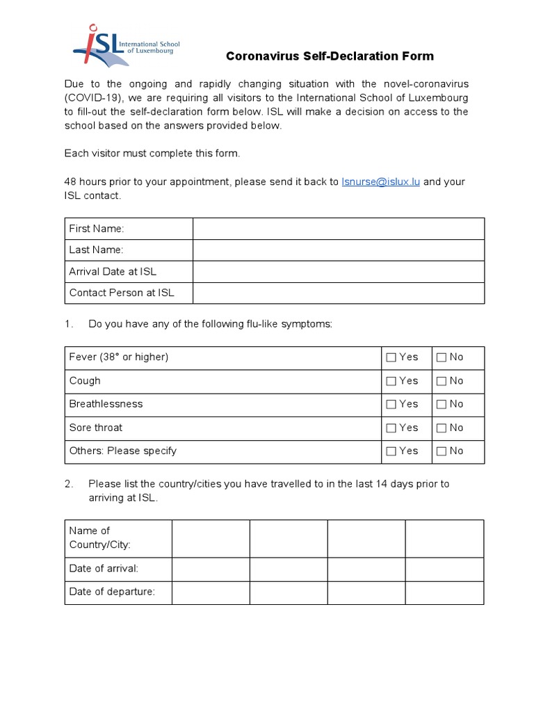 Coronavirus Self-Declaration Form: Lsnurse@islux - Lu | PDF
