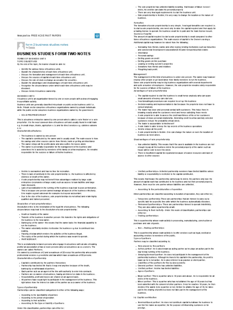 Business Studies Form 2 | PDF | Partnership | Sole Proprietorship