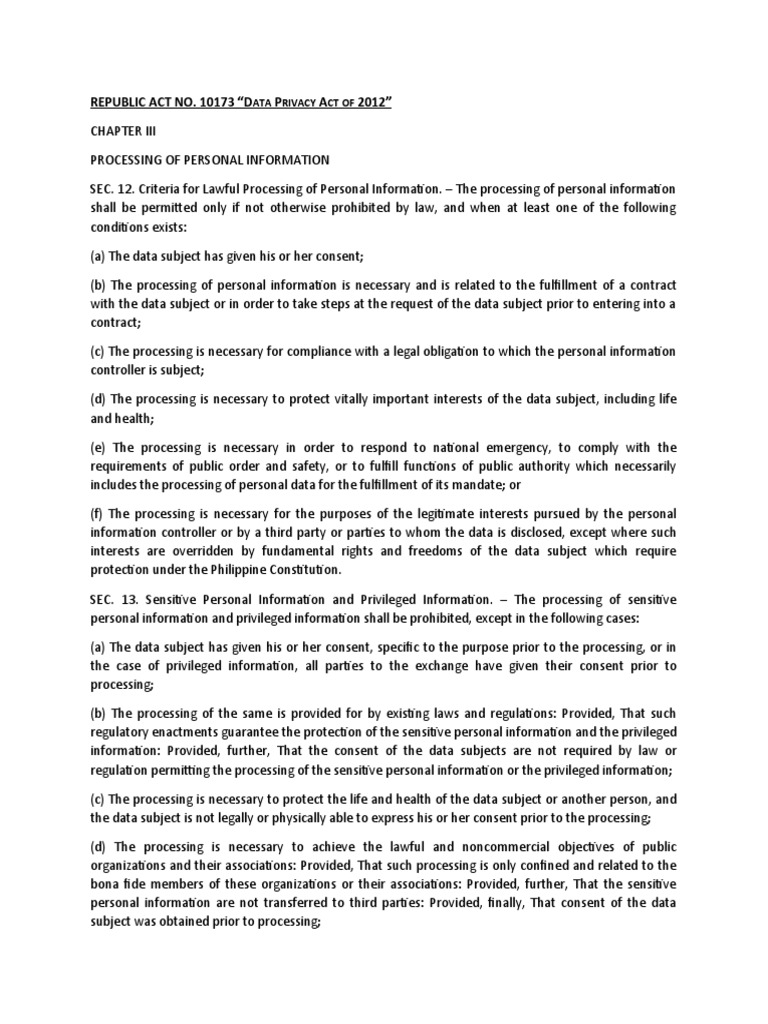 Republic Act No. 10173 "D P A 2012": ATA Rivacy CT OF | PDF ...