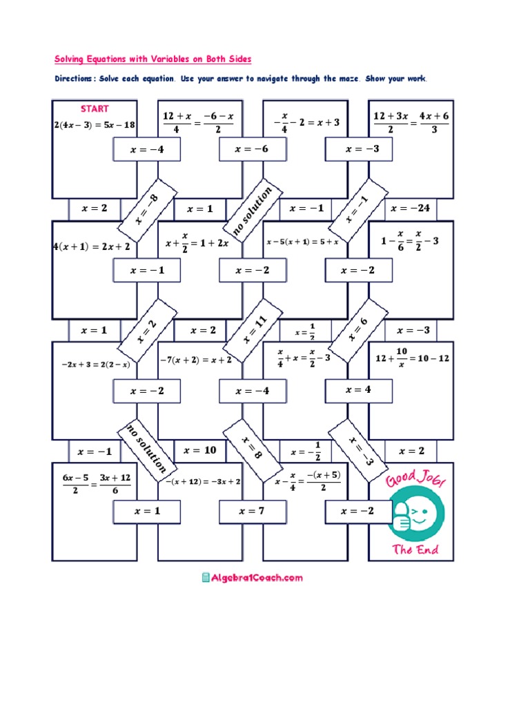 2 4 Solving Equations With Variables On Both Sides Maze Activity | PDF