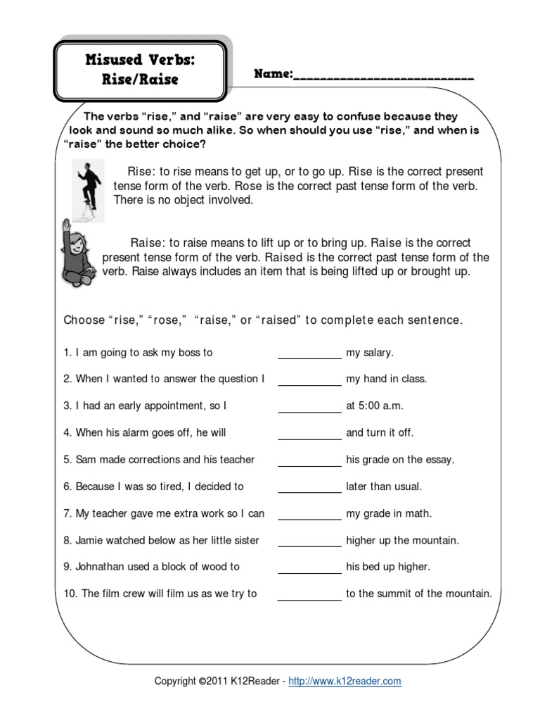Misused Verbs Worksheet - Raise and Rise Grammar Worksheets From PDF | PDF Misused Verbs Worksheet - Raise and Rise Grammar Worksheets From PDF | PDF