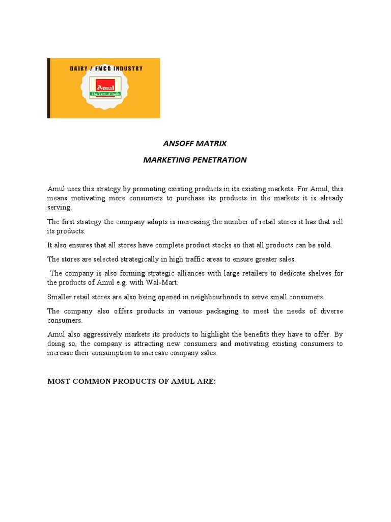 Ansoff Matrix Marketing Penetration: Most Common Products of Amul Are | PDF