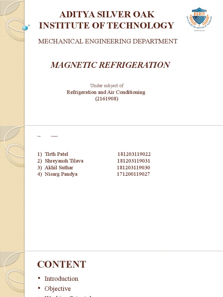 Aditya Silver Oak Institute of Technology: Magnetic Refrigeration | PDF