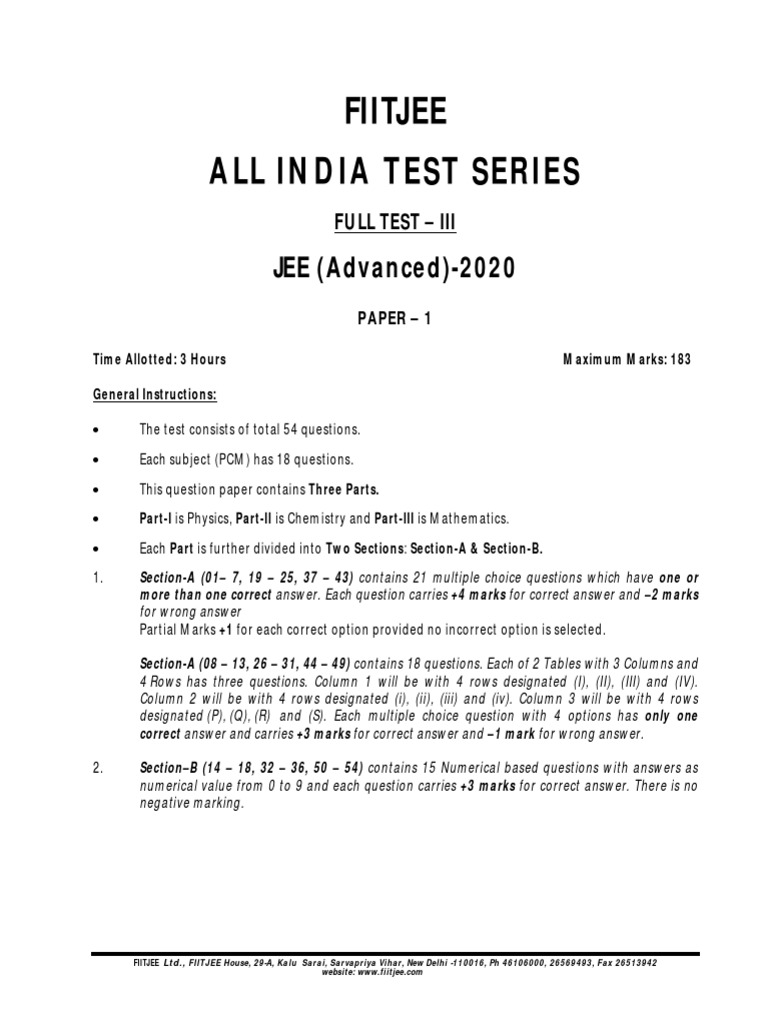 Fiitjee All India Test Series: JEE (Advanced) - 2020 | PDF