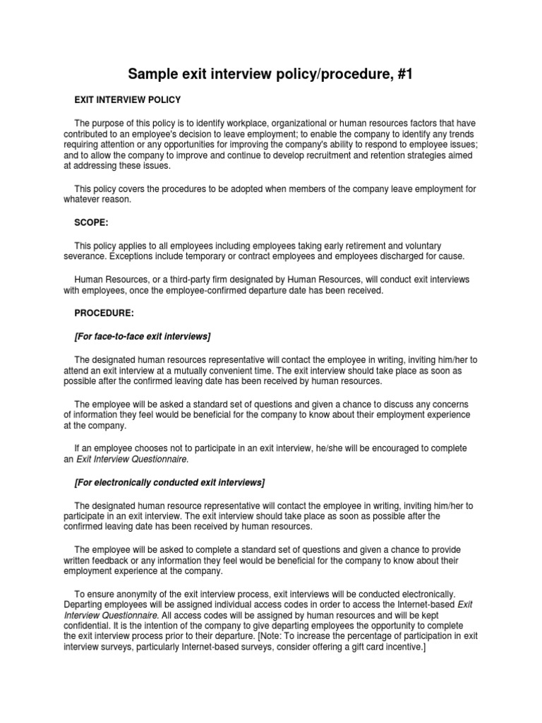 Sample Exit Interview Policy/procedure, #1 | PDF | Human Resources ...