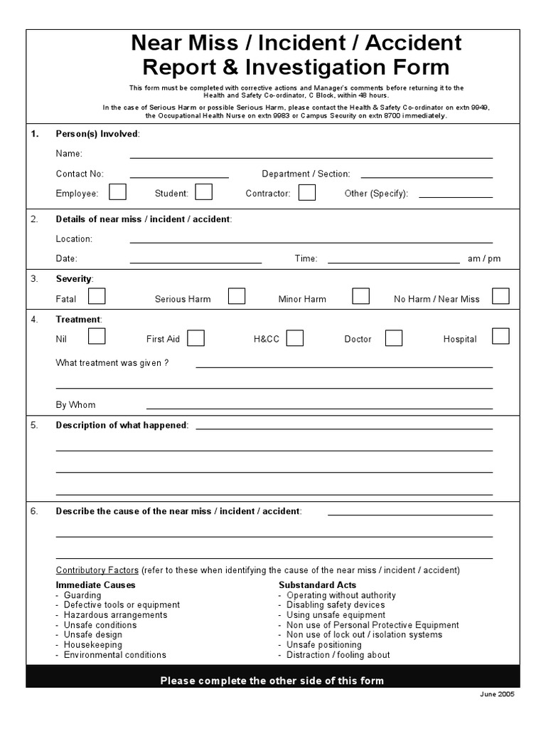 Near Miss / Incident / Accident Report & Investigation Form: 1. Person ...
