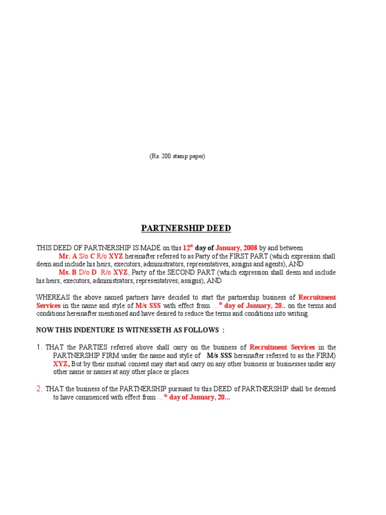 Sample Partnership Deed 4 | PDF