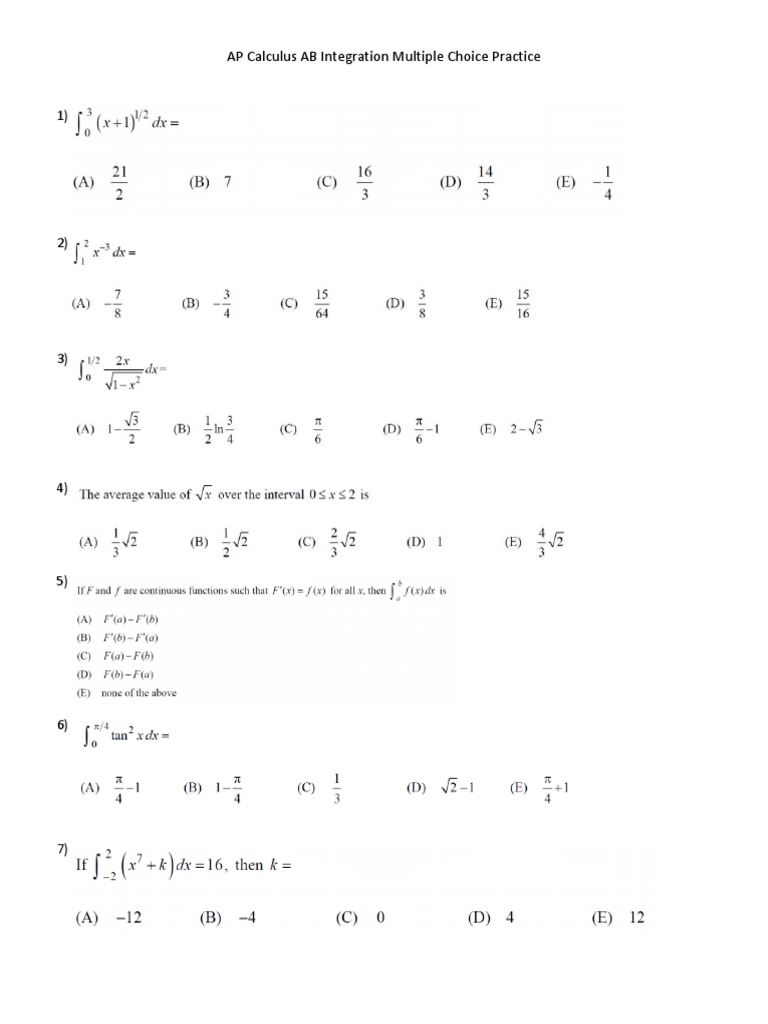 AP Calculus AB Integration Multiple Choice PracticeWS PDF | PDF