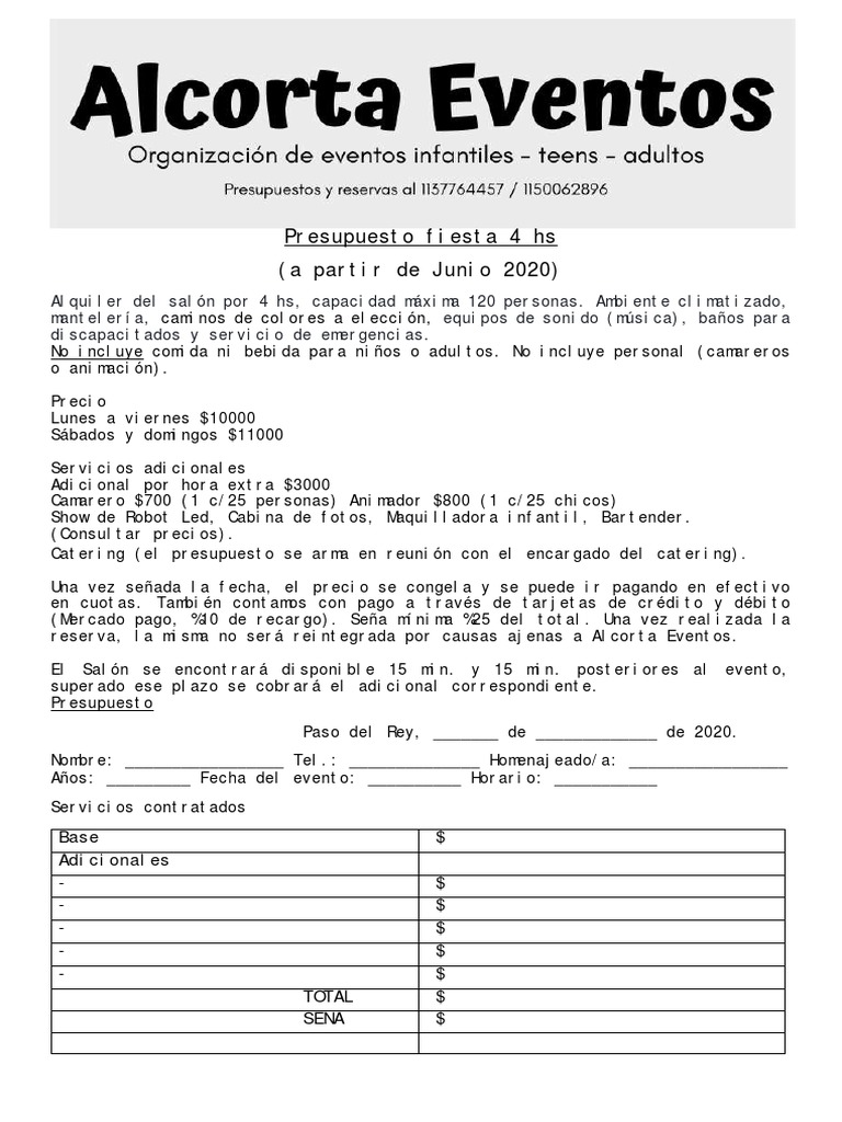 Presupuesto Fiesta 4 Hs 2020 (JUNIO) PDF | PDF
