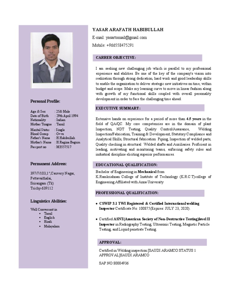 Yasar Arafath Habibullah: Personal Profile | PDF