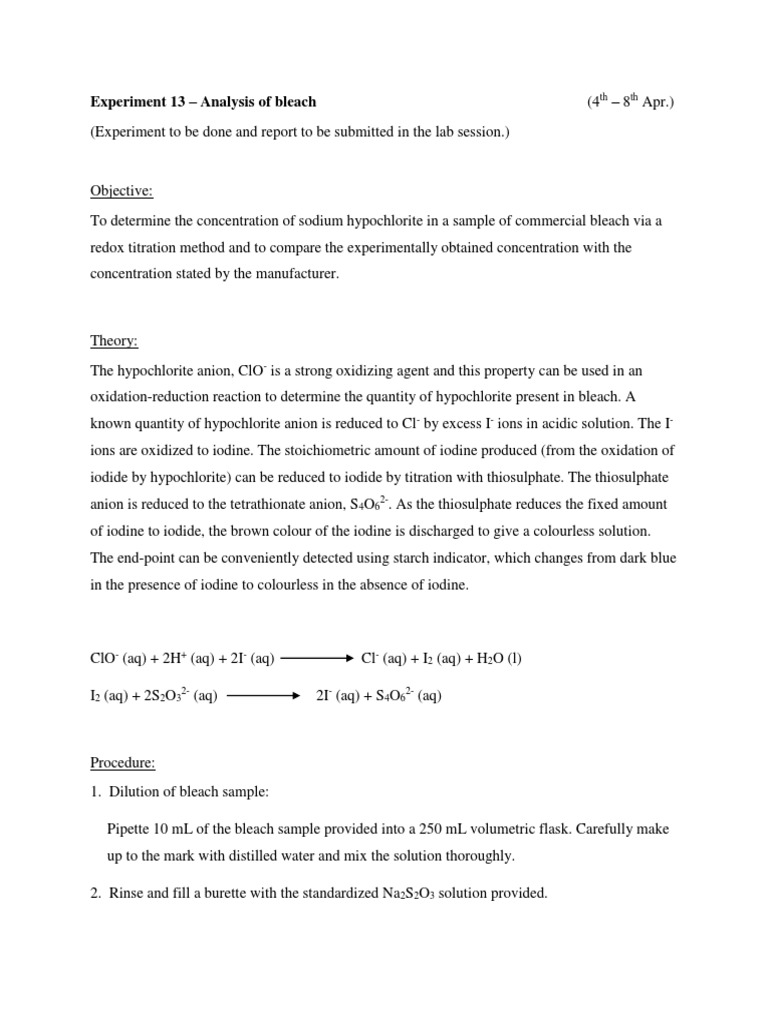 Sodium Hypochlorite Analysis in Bleach | PDF | Science & Mathematics