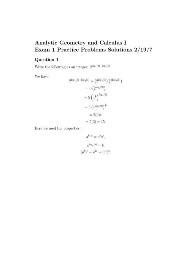 Analytic Geometry and Calculus I Exam 1 Practice Problems Solutions 2/19/7 | PDF