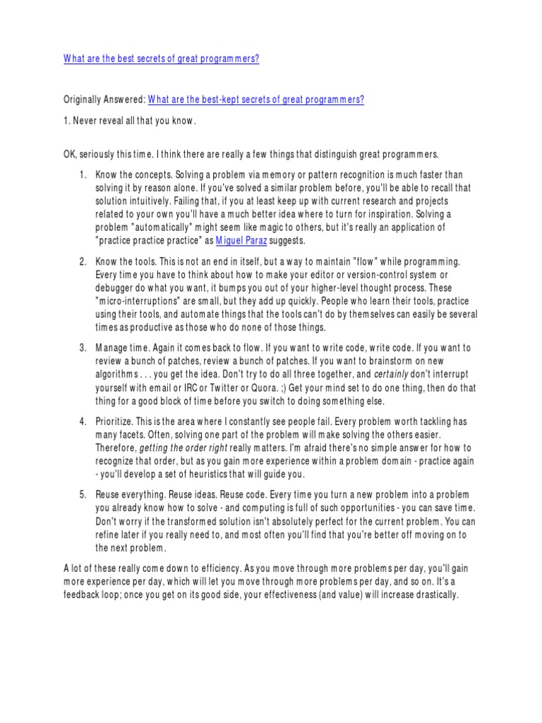 What Are The Best Secrets of Great Programmers? | PDF | Computer ...