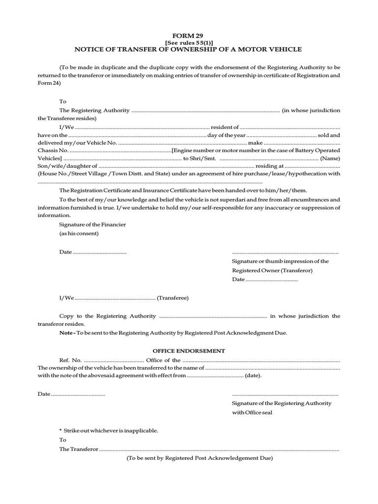 Form 29 Notice of Transfer of Ownership of A Motor Vehicle: (See Rules ...