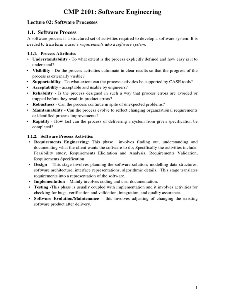 CMP 2101: Software Engineering: Lecture 02: Software Processes 1.1. Software Process | PDF