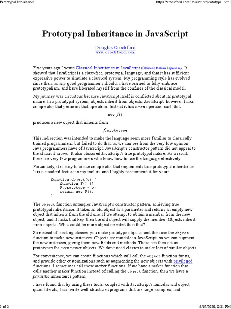 Prototypal Inheritance Crockford Pdf Object Computer Science Java Script