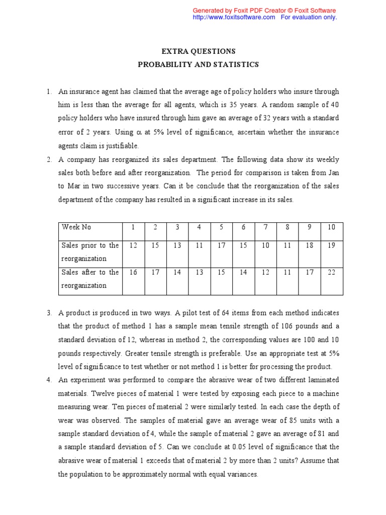 Extra Questions Prob and Stat | Download Free PDF | Variance | Standard ...
