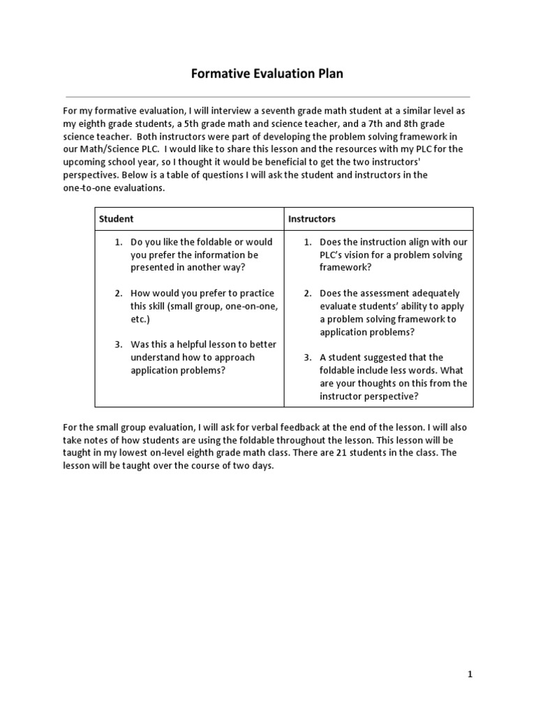Formative Evaluation Plan | PDF