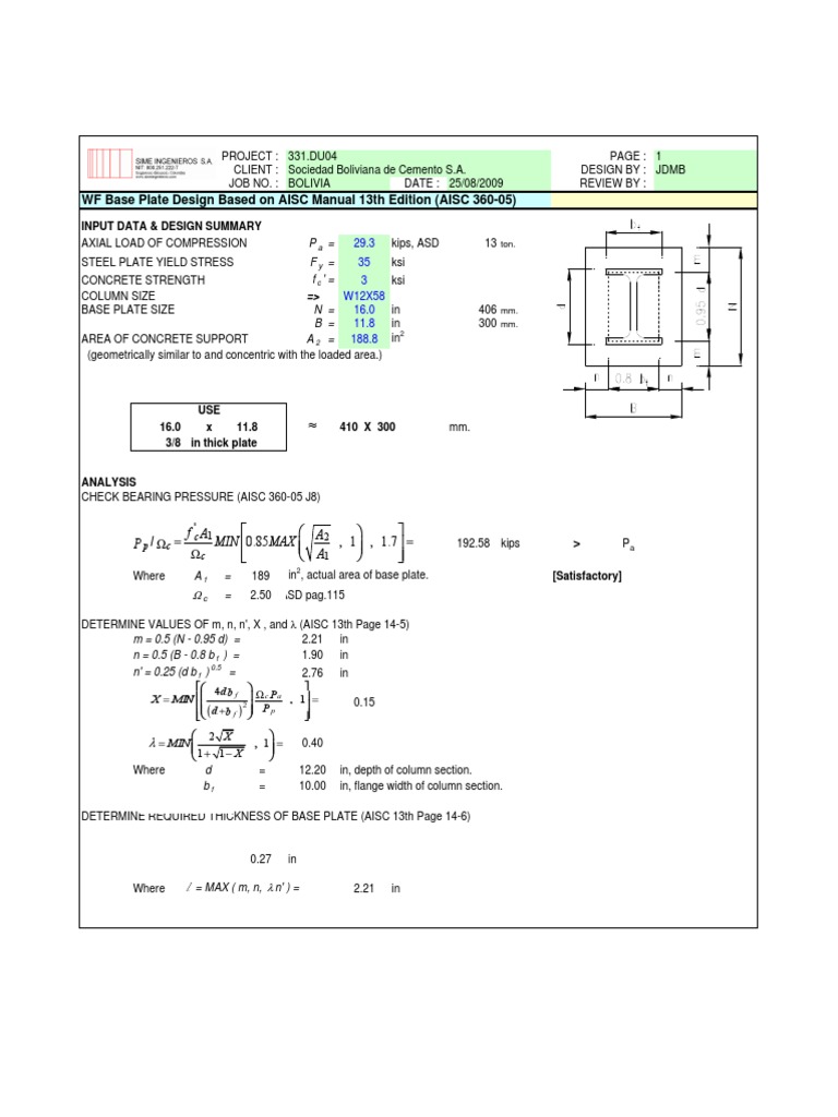 WF Base Plate Design per AISC 360-05 | PDF
