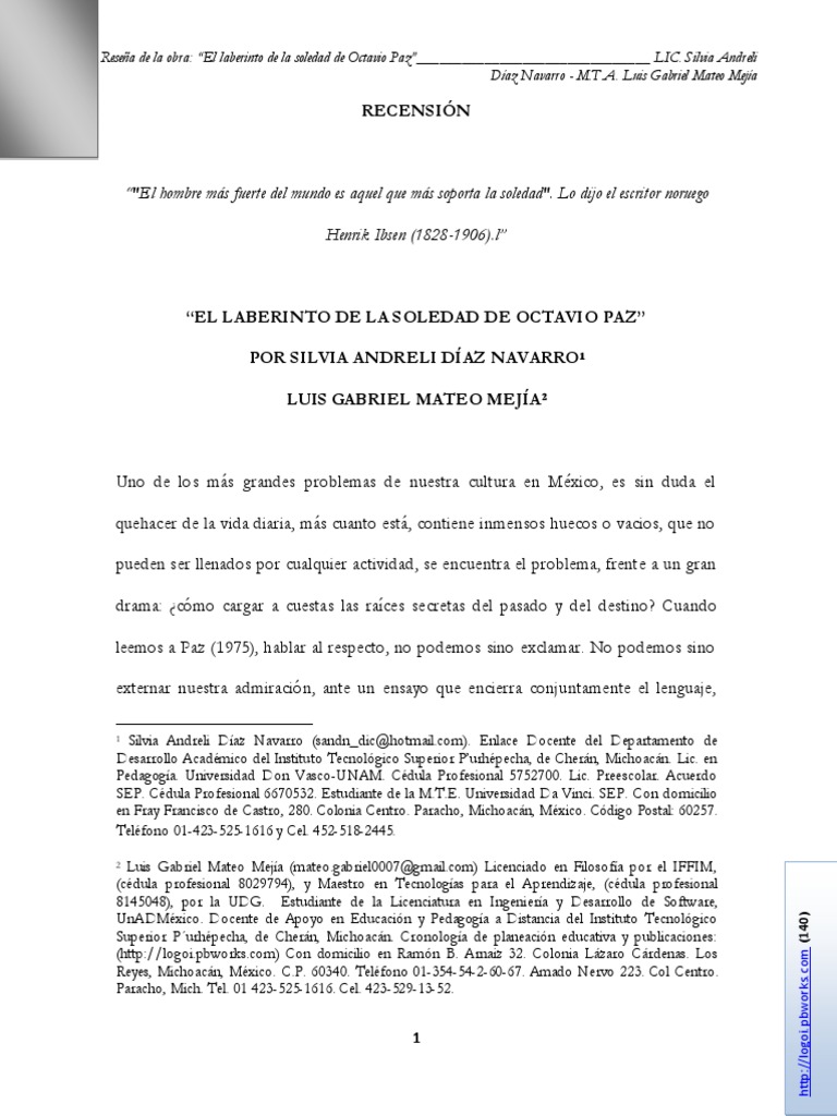 140-Reseña-El Laberinto de La Soledad-Paz Octavio-Lgmm | PDF | México | Educación avanzada