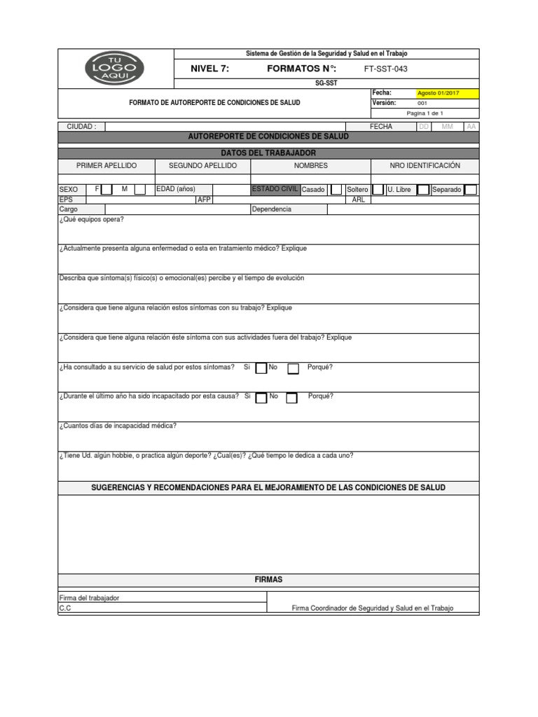 FT-SST-043 Formato Autoreporte de Condiciones de Salud PDF | PDF FT-SST-043 Formato Autoreporte de Condiciones de Salud PDF | PDF