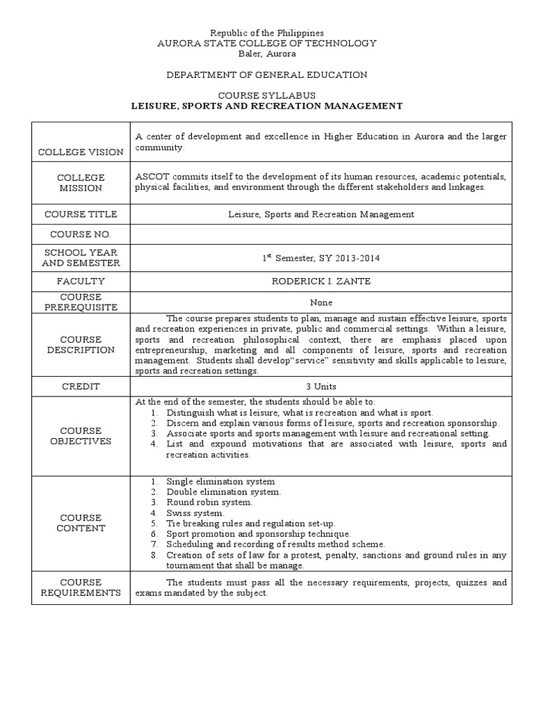 Syllabus Leisure Sports and Recreation | PDF | Sports | Test (Assessment)